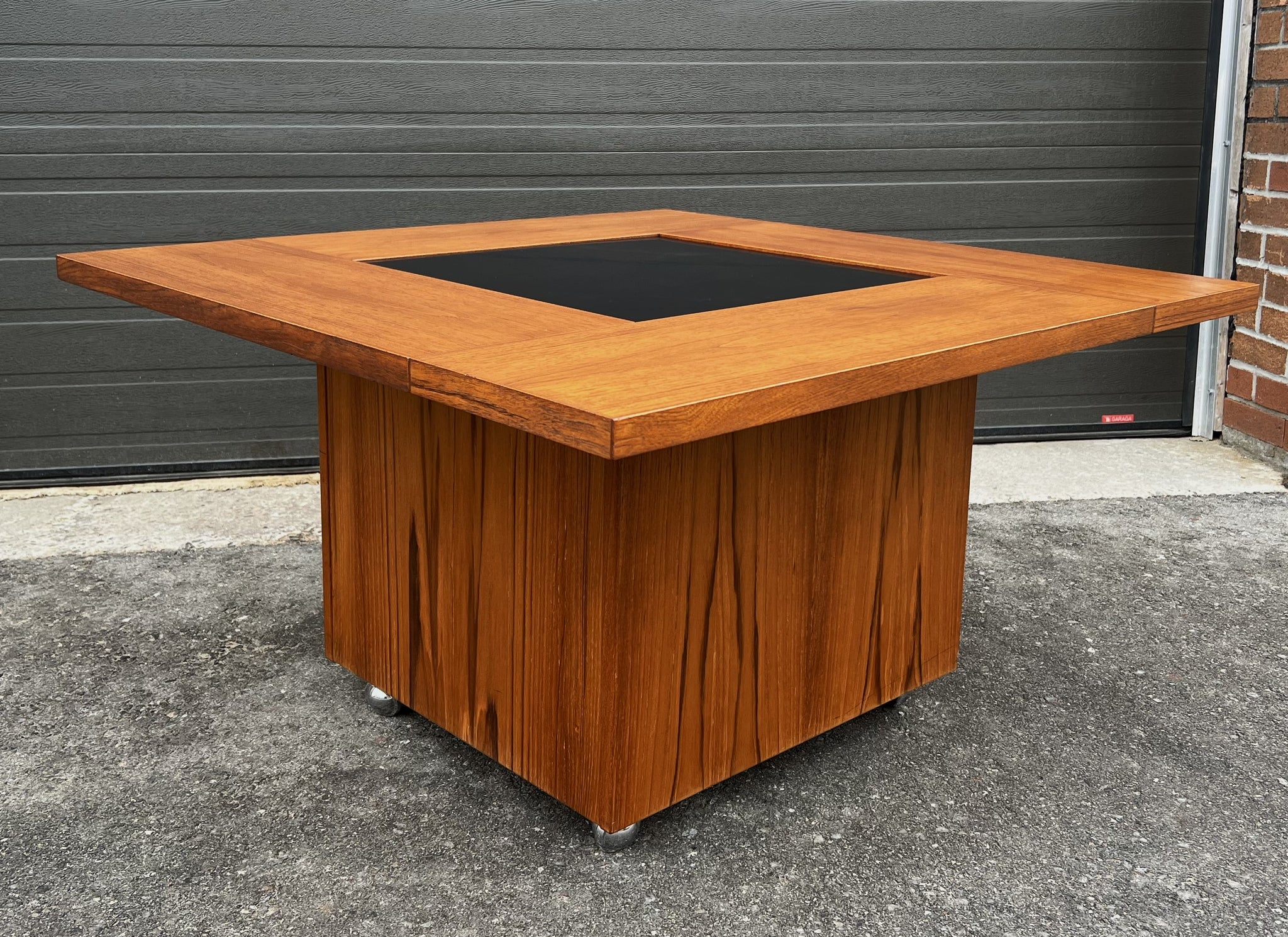 REFINISHED MCM Rolling Teak Coffee Table w Hydraulic Pop-Up Bar by Kai ...