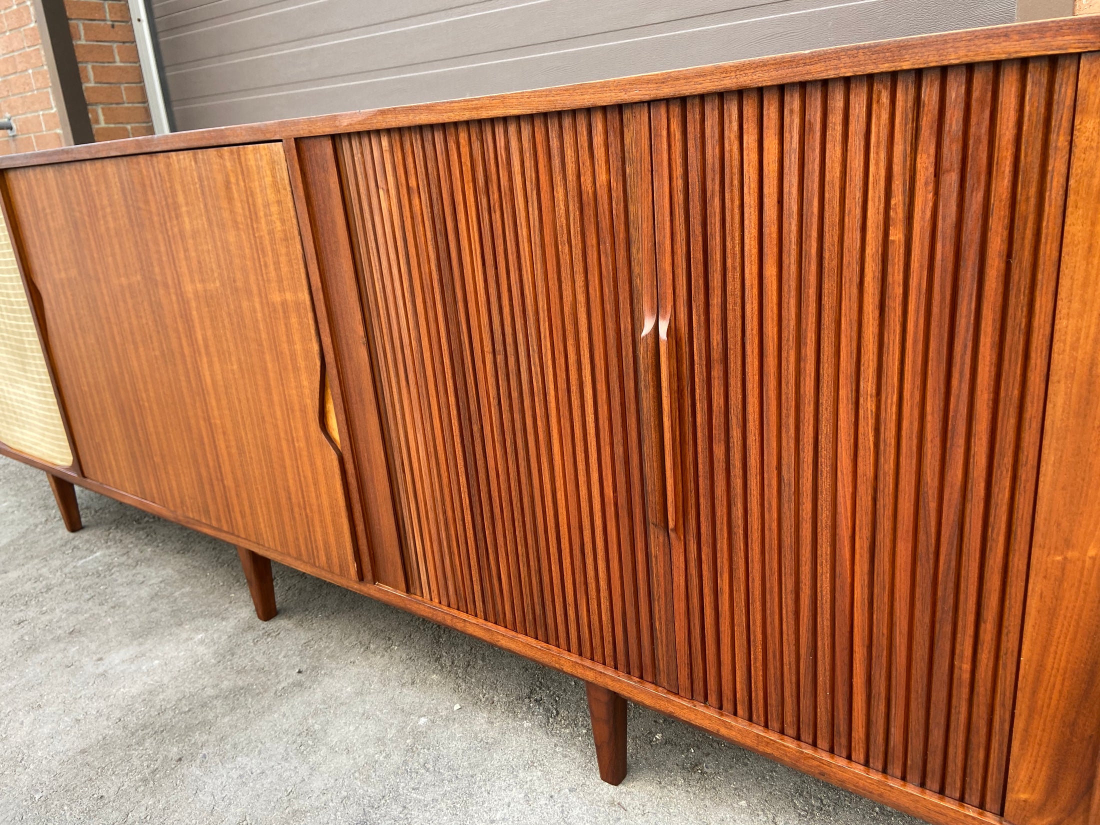 REFINISHED Unique MCM Teak Stereo Console with Tambour Doors & Rotatin