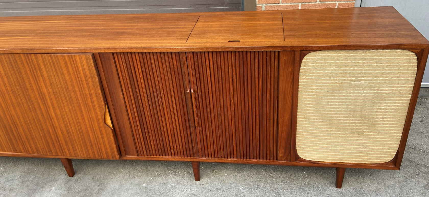 REFINISHED Unique MCM Teak Stereo Console with Tambour Doors & Rotatin ...