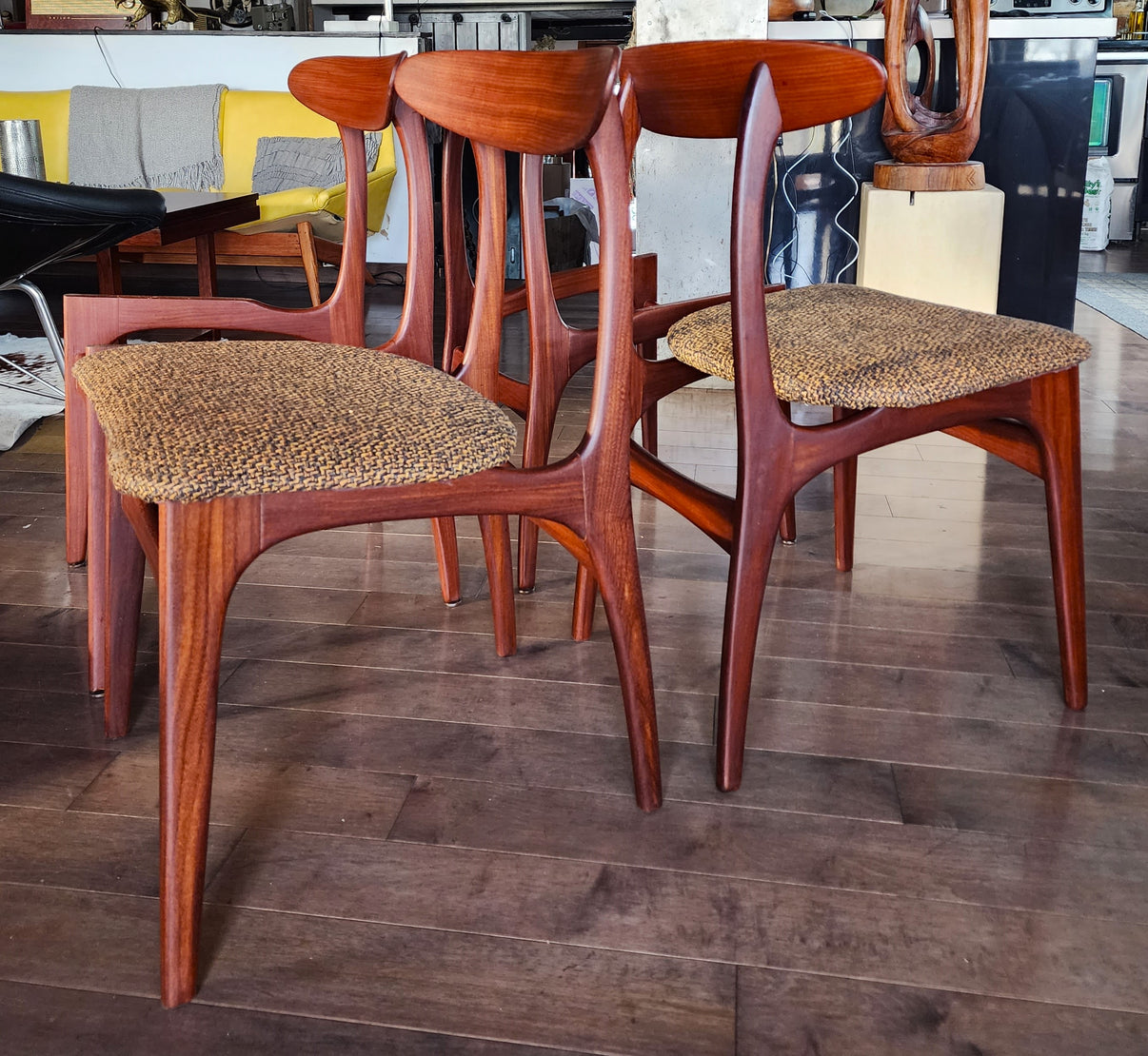 4 REFINISHED Mid Century Modern Teak Afromosia Chairs, will be REUPHOL
