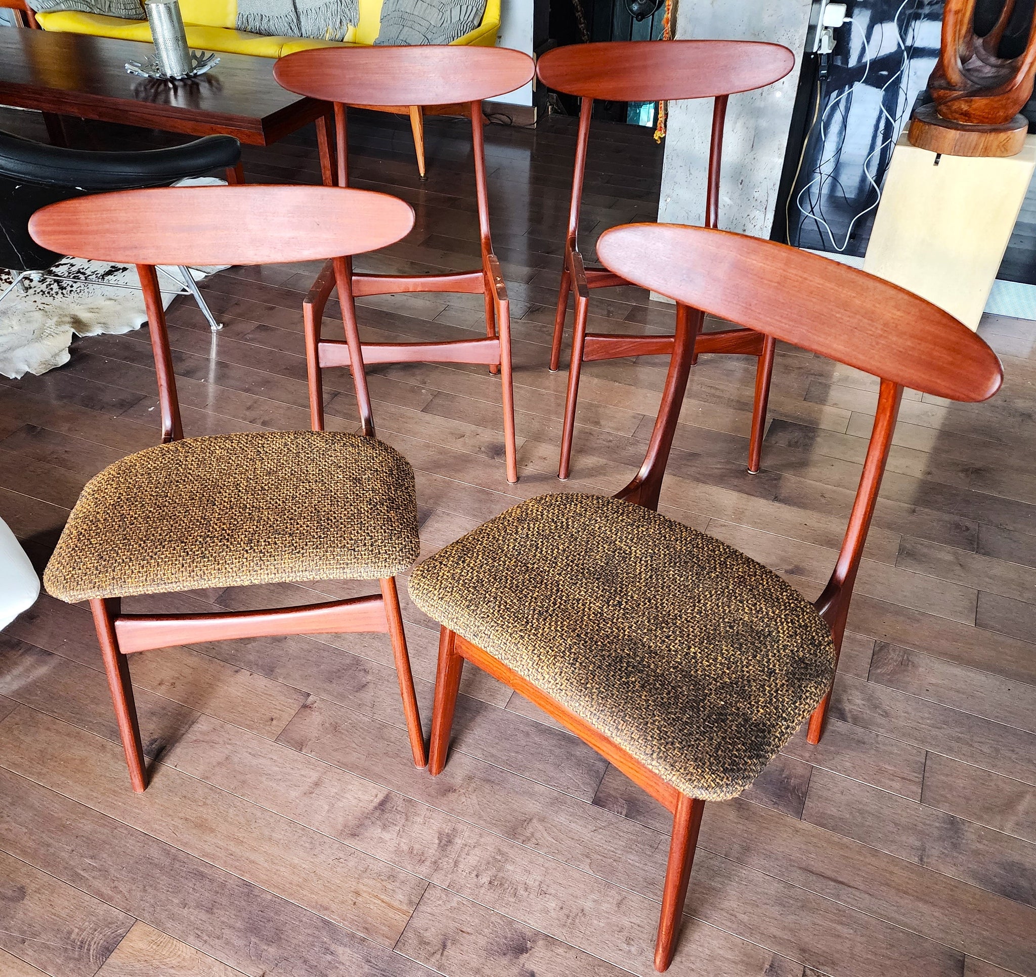 4 REFINISHED Mid Century Modern Teak Afromosia Chairs, will be REUPHOL