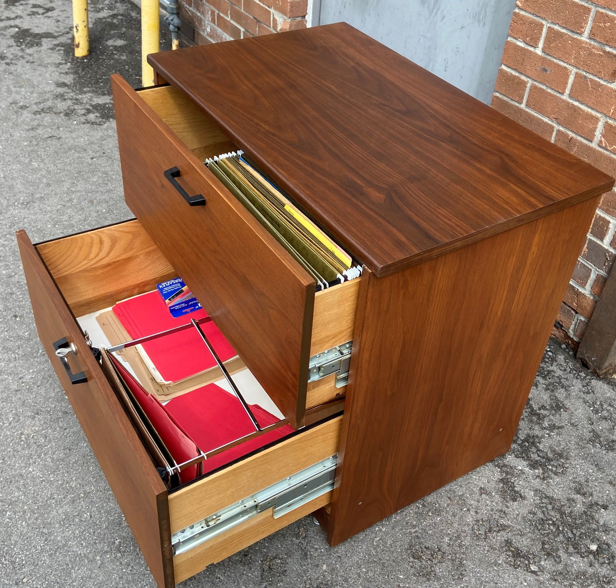 RESTORED Mid Century Modern walnut filing cabinet w finished back 31.5
