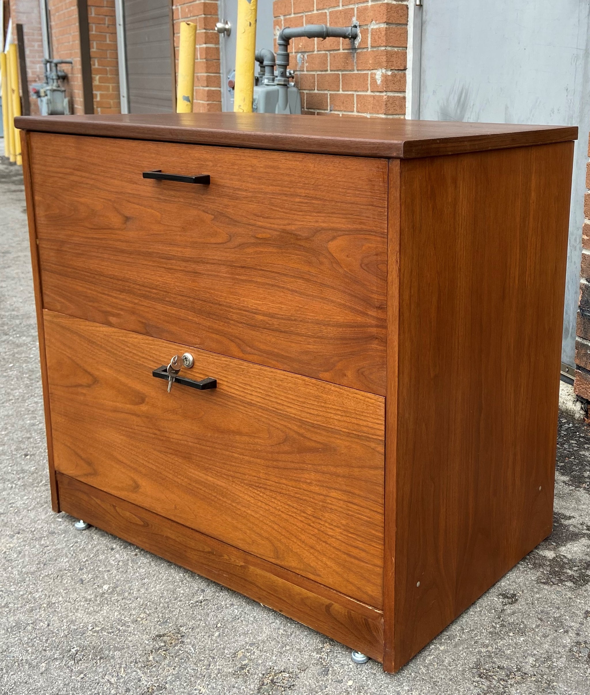 RESTORED Mid Century Modern walnut filing cabinet w finished back 31.5